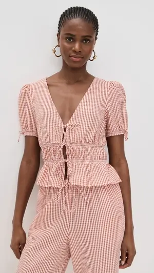 WAYF Nina Tie-front Top - Clay Seersucker