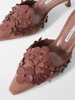 Manolo Blahnik Harnes 50 Appliquéd Suede Mules