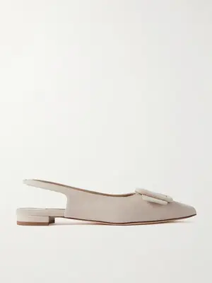 Manolo Blahnik Maylura Buckled Suede Slingback Flats - Neutrals