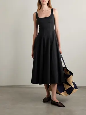Staud Wells Pleated Cotton-blend Poplin Midi Dress - Black