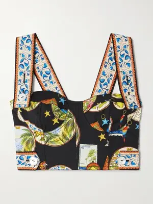 Farm Rio Printed Cotton Bustier Top - Black