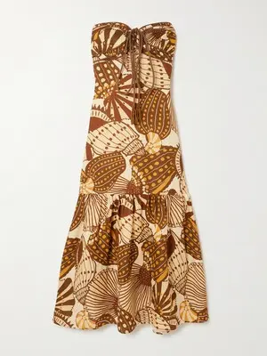 Farm Rio Tasseled Shirred Printed Linen Halterneck Maxi Dress - Neutrals