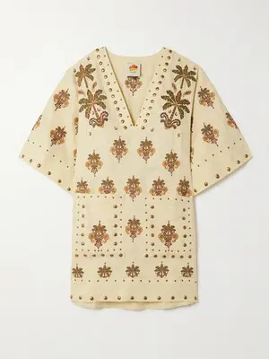 Farm Rio Studded Embroidered Linen Mini Dress - Neutrals