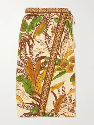 Farm Rio Printed Linen-blend Wrap Midi Skirt With Tassels - Neutrals