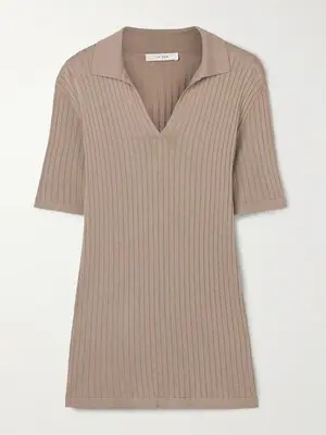 THE ROW Kaiomi Ribbed-knit Polo Top - Brown