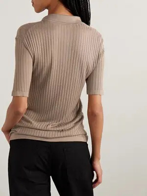 THE ROW Kaiomi Ribbed-knit Polo Top - Brown