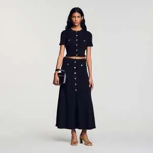 Sandro Pointelle Knit Midi Skirt - Black