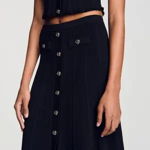 Sandro Pointelle Knit Midi Skirt With Decorative Buttons