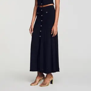 Sandro Pointelle Knit Midi Skirt With Decorative Buttons