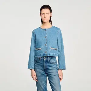 Sandro Rhinestone Embellished Denim Jacket - Blue Jean