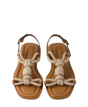 Prada Flat Leather And Cord Sandals - Brown