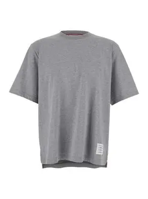 Thom Browne Crewneck T-shirt With Logo Patch On The Front And Striped Detail On The Rear In Cotton - Grey