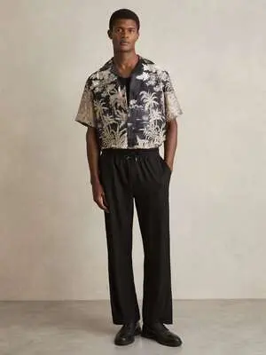 REISS Yoshi Jungle Print Cuban-collar Shirt - Black