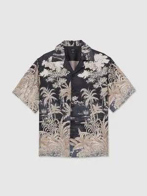 REISS Yoshi Jungle Print Cuban-collar Shirt - Black