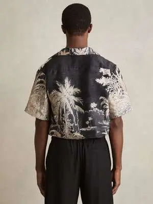 REISS Yoshi Jungle Print Cuban-collar Shirt - Black