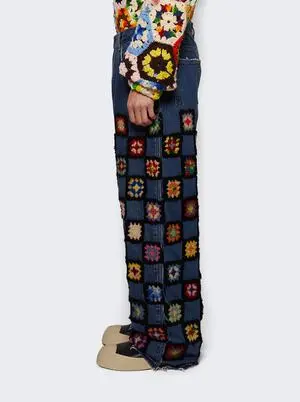 NIGEL XAVIER Checkerboard Crochet Denim Jeans