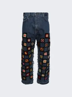 NIGEL XAVIER Checkerboard Crochet Denim Jeans - Blue
