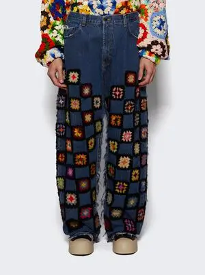NIGEL XAVIER Checkerboard Crochet Denim Jeans