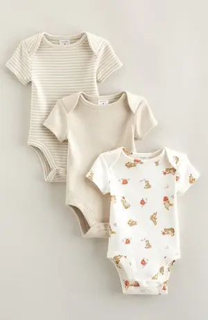 Nordstrom Assorted Cotton Bodysuits 3 Pack - Beige Oatmeal Honey Bear Set