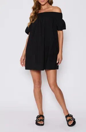VICI Lydia Smocked Off-the-shoulder Cotton Mini Dress - Black
