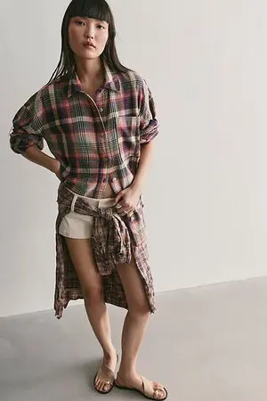 Free People We The Free Ashley Plaid Cotton Flannel Shirt - Meadow Combo