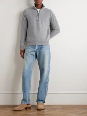 TOM FORD Leather-trimmed Wool And Cashmere-blend Half-zip Rollneck Sweater - Gray