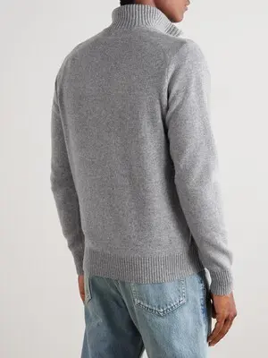 TOM FORD Leather-trimmed Wool And Cashmere-blend Half-zip Rollneck Sweater - Gray