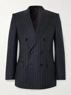 TOM FORD Dyllan Double-breasted Striped Wool-twill Suit Jacket - Gray