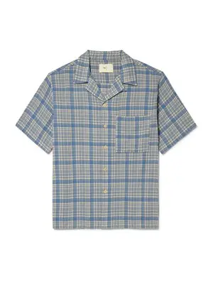 Folk Anniversary Convertible-collar Checked Cotton-gauze Shirt - Blue