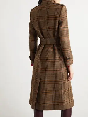 Saint Laurent Belted Checked Wool Trench Coat - Brown