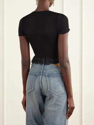Saint Laurent Cropped Lace-trimmed Ribbed Silk Top - Black