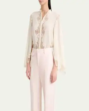 Chloé Lace Placket Tulip-sleeve Silk Blouse