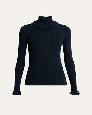 Chloé Ruffle Frill Rib Knit Sweater - Navy