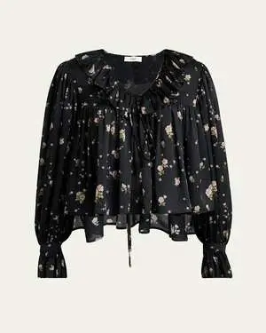 Chloé Floral Silk Ruffle Blouse - Black