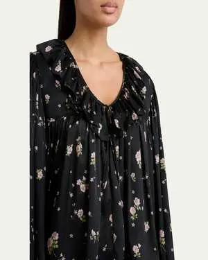 Chloé Floral Silk Ruffle Blouse - Black