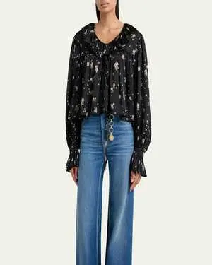 Chloé Floral Silk Ruffle Blouse - Black