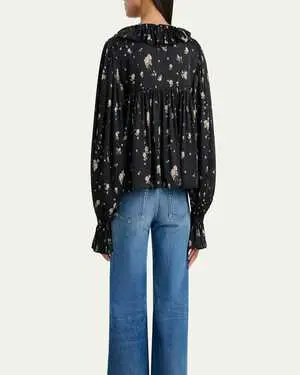 Chloé Floral Silk Ruffle Blouse - Black