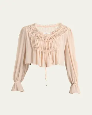 Chloé Ruched Lace Silk Peasant Blouse - Apricot Pink