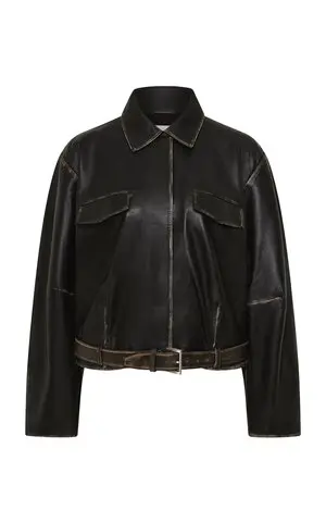 ST. AGNI Belted Brushed-leather Jacket - Black