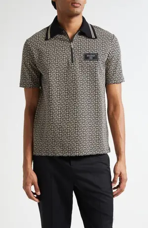 Balmain Couture Label Monogram Jacquard Half Zip Polo - Gfe Ivory/black
