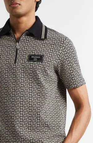 Balmain Couture Label Monogram Jacquard Half Zip Polo - Gfe Ivory/black