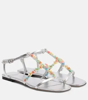 JIMMY CHOO Gwyn Floral-appliqué Leather Sandals - Silver