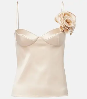 Magda Butrym Floral-appliqué Silk-blend Satin Top - Beige