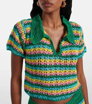 Anna Kosturova Striped Crochet Polo Shirt - Green