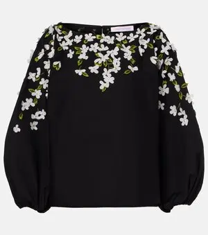 Carolina Herrera Floral-appliqué Cotton-blend Top - Black