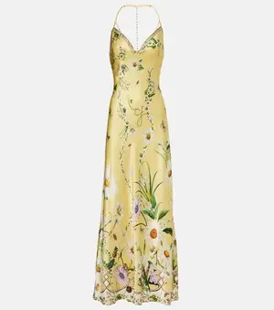 Camilla Floral Silk Satin Charmeuse Midi Dress - Yellow