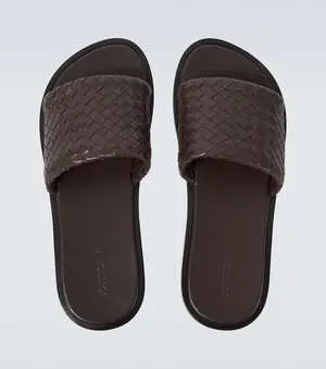 Bottega Veneta Elio Intrecciato Leather Slides - Brown