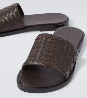 Bottega Veneta Elio Intrecciato Leather Slides - Brown