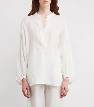 Eleventy Floral Embroidered Linen Blouse