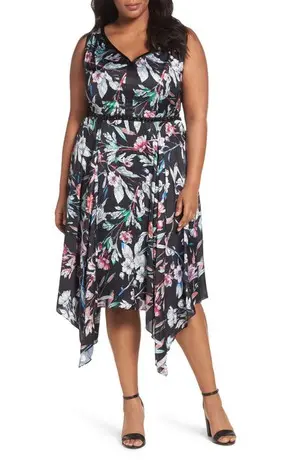 Adrianna Papell Printed Satin Chiffon Handkerchief Dress